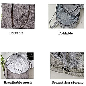 WDHome Mesh Pop-Up Laundry Hamper,Folding Cylinder Laundry Basket for Dirty Clothes, Children's Toys Basket,Toy Box Organizer - with Handle and Drawstring Lid(Gray)