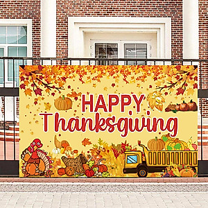 Famoby HAPPY Thanksgiving Fabric Sign Poster Banner Backdrop and Pumpkin Turkey maple leaf Pattern for Thanksgiving Day Photo Booth Background Party Decoration