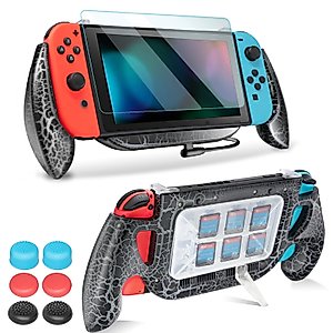 Grip Case with Stand for Nintendo Switch,Ergonomic Comfort Handles with Game Card Box USB C Charging Cable Protective Case Kit，with Tempered Glass Screen Protector & Thumb Grip Cap