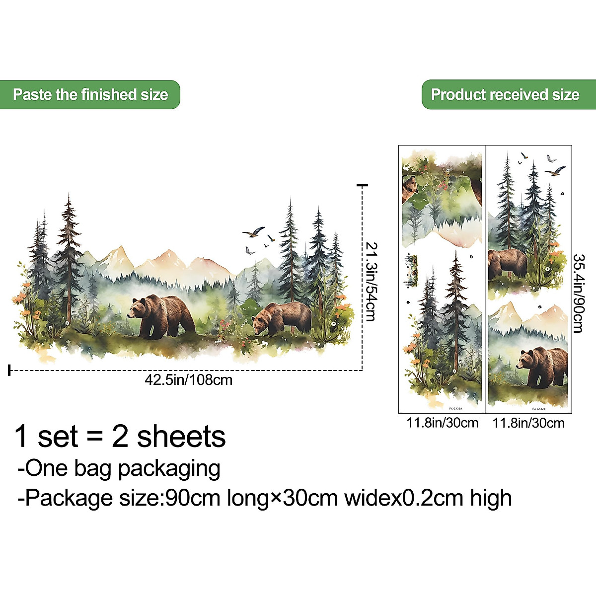 RAINBOW WSK Large Jungle Animals Wall Decals Forest Tree Wall Decal Peel and Stick Woodland Bear Fox Deer Wall Stickers Giant Mountain Wall Art for Bedroom Nursery Room FX-C432