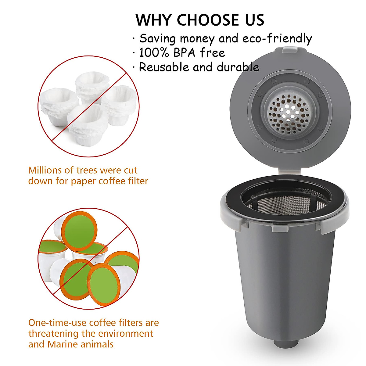 FOTRIC Reusable Filter Cup for Cuisinart, Compatible with Cuisinart #SS-RFC HomeBarista Reusable Filter Cup, Gray (2 Pack)