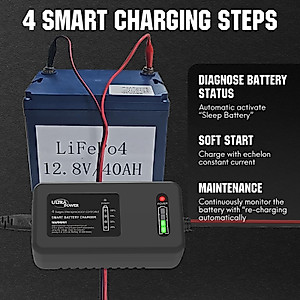 ULTRAPOWER 4-Amp 14.6 Volt LiFePO4 Battery Charger,12.8 Volt LiPO Lithium Battery Charger,Smart Battery Charger Maintainer for Cars,Motocycles,Golf Carts,UAV,Fishing Boat and Deep Cycle Batteries.