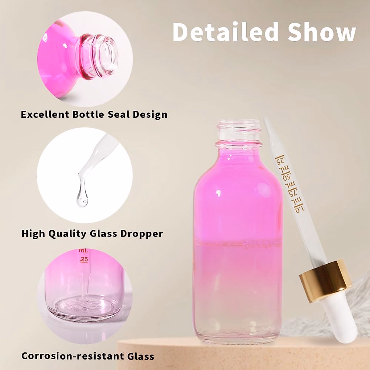 StellaCare Set of 4, 2oz Eye Dropper Bottle, Glass Dropper Bottles, Empty Glass Dropper Bottles, Travel Liquid Bottles