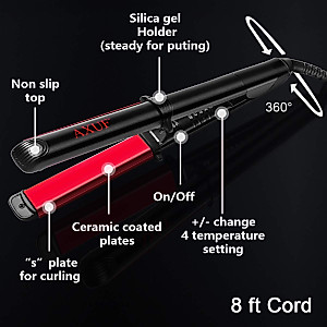 AXUF Hair Straightener, 2 in 1 Straightens & Curls with Adjustable Temp, Auto-Off Flat Iron, 1 Inch Dual Voltage - Flat Iron