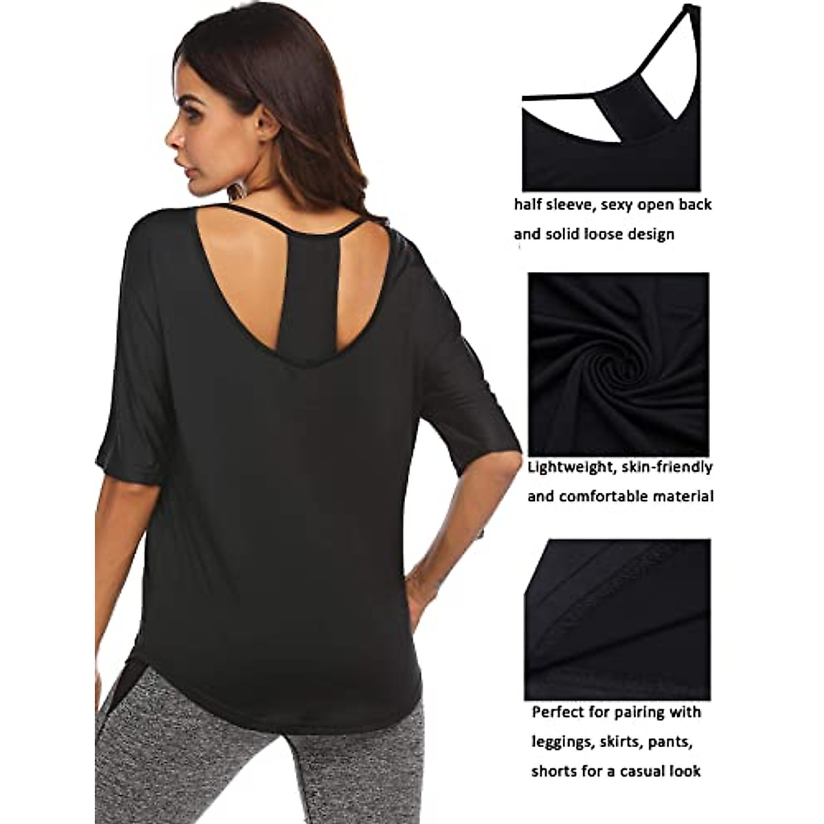 Pinspark Womens Breathable V Neck Cut Out Back Shirts Open Active Yoga Tops Black XL