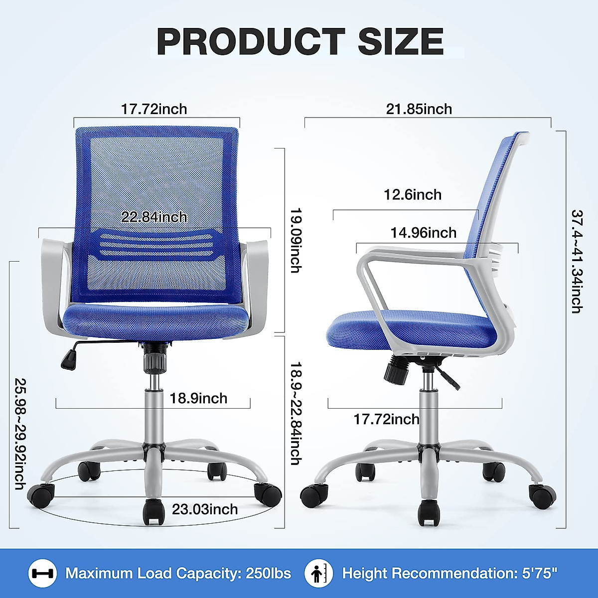 Office Chair - Ergonomic Office Chair Mid Back Office Desk Chair with Wheels Computer Chair with Lumbar Support Home Office Chair with Armrests for Adults, Blue