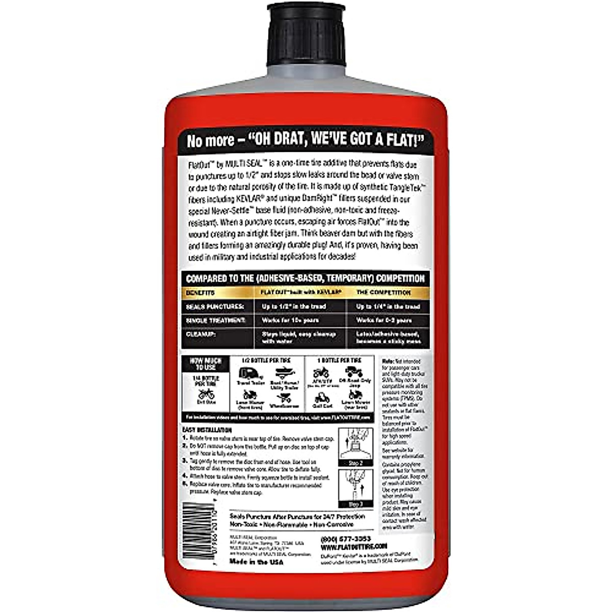 FlatOut Tire Sealant Outdoor Power Equipment Formula - with Valve Core Tool and Replacement Valve Core, Prevent Flat Tires, Seal Leaks, Contains Kevlar, 32-Ounce Bottle, 1-Pack