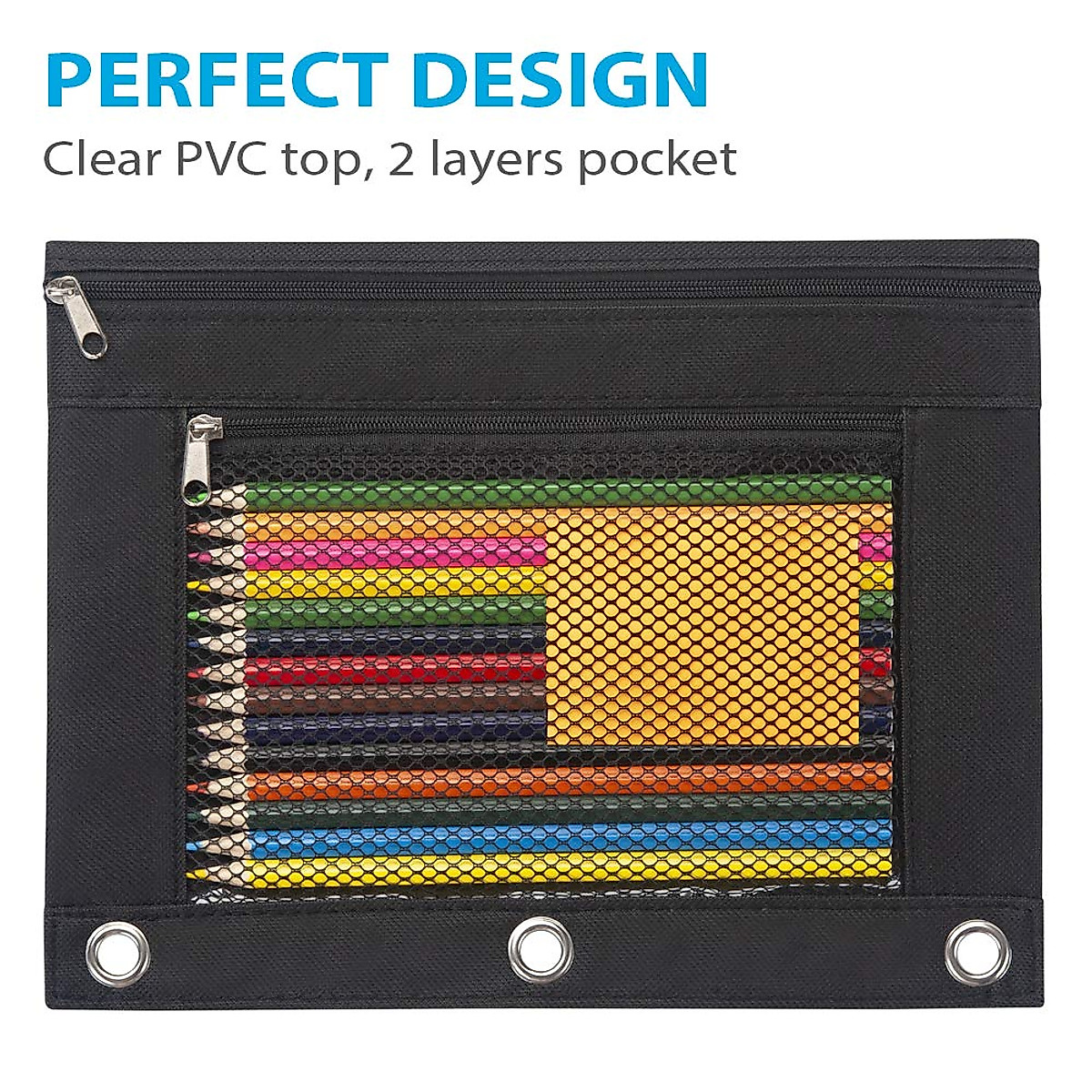 Sooez Pencil Pouch for 3 Ring Binder, 2 Pack Fabric Binder Pouch with 2 Pockets, Pencil Bags with Zipper and Reinforced Grommets, Pencil Cases for Binder