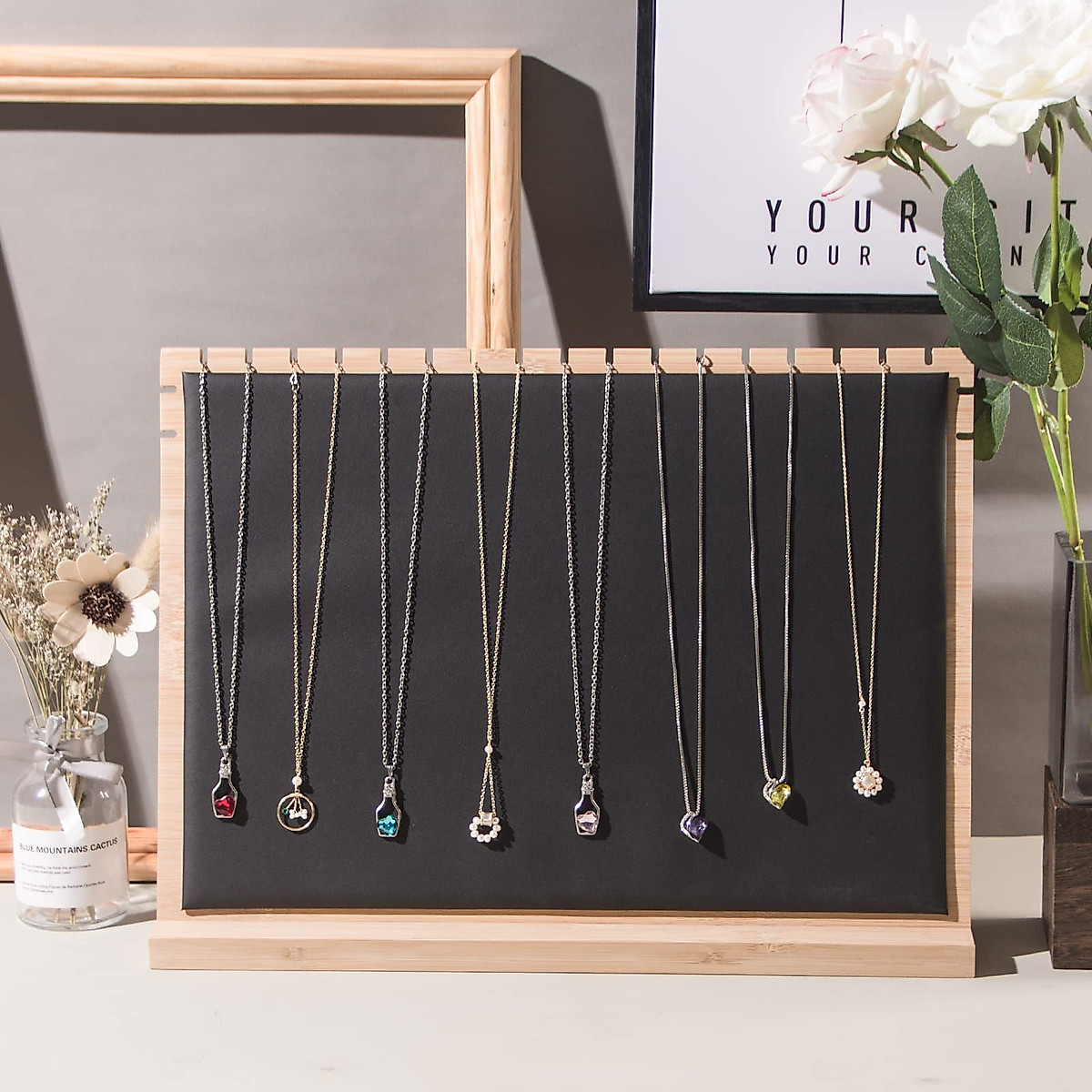 Justsoso Big Bamboo Necklace Display Stand, Pendant Necklace Jewelry Holder Rack, Chain Jewellery Organizer for Home or Selling Show (Black PU)