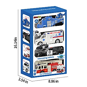 Emergency Vehicle Toy Playsets 4 Pack, Toddler Trucks Rescue Toys for Boys Age 3-5, Ambulance Car Fire Truck Play Police Car Helicopter with Light and Sound Christmas Birthday Gifts for Boys Girls