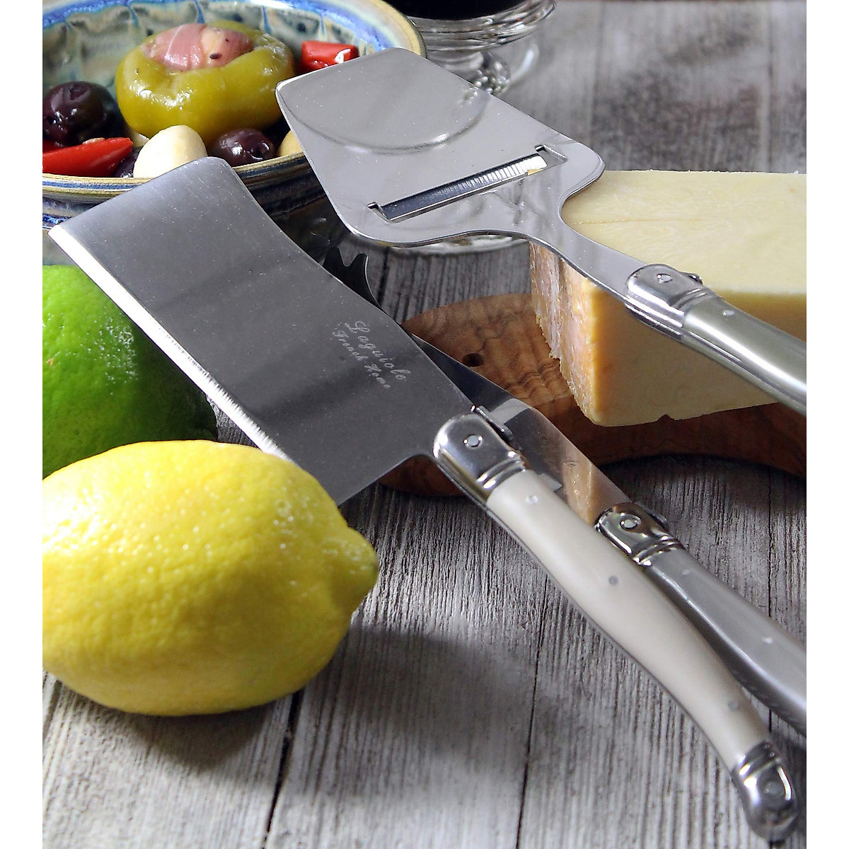 French Home 5-Piece Laguiole Cheese Knives Set with Fork and Slicer – Versatile Charcuterie Board Accessories with Three-Rivet Mist-Colored Handles & Iconic Bee Emblem