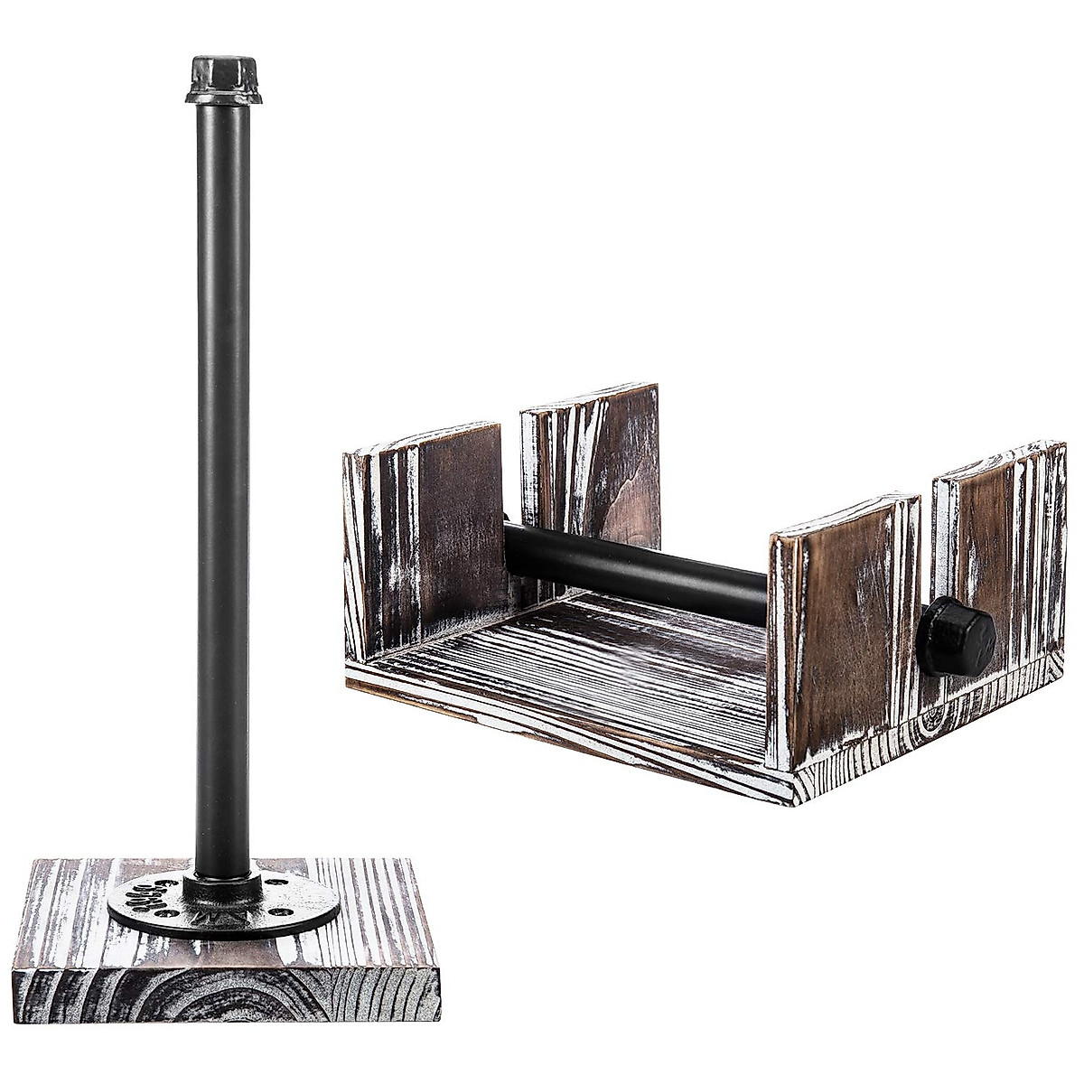MyGift Torched Wood and Industrial Metal Paper Towel and Napkin Holder Set, Countertop Paper Towel Holder and Flat Napkin Holder with Weighted Arm