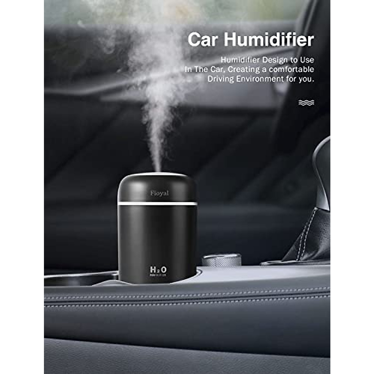Portable Mini Humidifier, Fioyal RGB Light Small Humidifiers for Bedroom, Car, Desktop, 2 Cool Mist Modes, Quiet(300ML, Black)