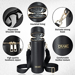 Crawe Full Grain Leather Insulated Water Bottle Crossbody Bag, 40 oz Water Bottle Holder with Strap for Walking, Bottle Carrier, Bottle Sling, Single Wine Bottle Tote, Brown Pebbled Leather, Gift Box