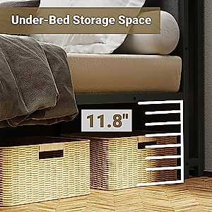 Zevemomo Queen Bed Frame, Queen Size Metal Platform Bed Frame with 2-Tier Storage Upholstered Headboard and Power Outlets, USB Ports Charging Station/No Box Spring Needed/Noise-Free/Easy Assembly