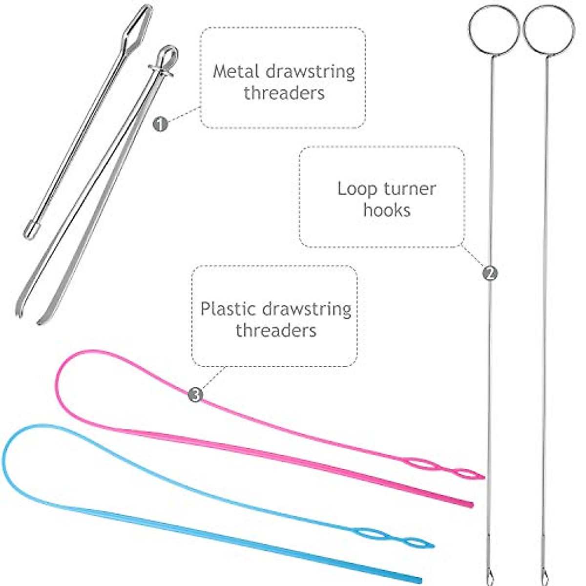 6 Pieces Sewing Loop Kit, Include Loop Turner Hook Flexible Drawstring Threader Metal Tweezers Long Loop Turner Tool with Latch for Fabric Belts Strips DIY Knitting Accessories
