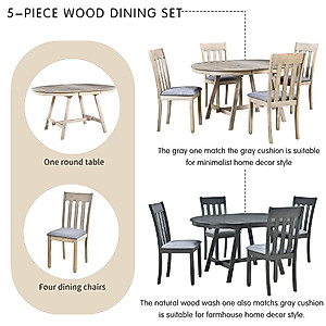 P PURLOVE Extendable Dining Table Set for 4 Persons, 5 Piece Round Dining Table Set with Extendable Dining Table and 4 Upholstered Dining Chairs for Kitchen Dining Room