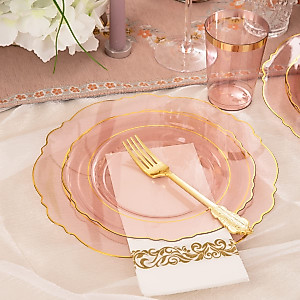 KIRE 210Pcs Clear Pink Plastic Plates with Gold Rim& Disposable Gold Plastic Silverware &Pink Cups&Hand Napkin- Plum Colored Plastic Dinnerware for Upscale Wedding & Mothers Day & Easter