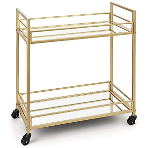 Displays2go Rolling Metal Bar Cart, Mirrored Glass Shelves, Four Swiveling Casters - Gold (FSBEVCART1)