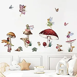 wondever Fairy Mushroom Wall Stickers Flying Girl with Wings Peel and Stick Wall Art Decals for Kids Nursery Baby Room Bedroom