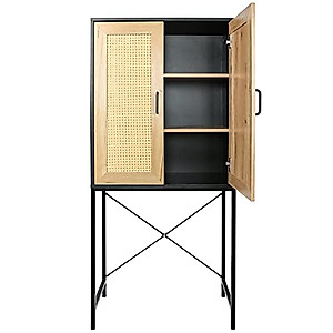 Origeture Storage Cabinet with Doors and Shelves, 3-Tier Buffet Cabinet Sideboard Wood Cabinet, Rattan Console Table Cupboard with X-Shaped Steel Bracket for Dining Room, Kitchen, Living Room, Bedroom