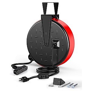 DEWENWILS 30 Ft Retractable Extension Cord Reel, Ceiling or Wall Mount 16/3 Gauge SJTW Power Cord with 3 Electrical Outlets Pigtail for Garage and Shop, 10 Amp Circuit Breaker, Metal Plate, UL Listed