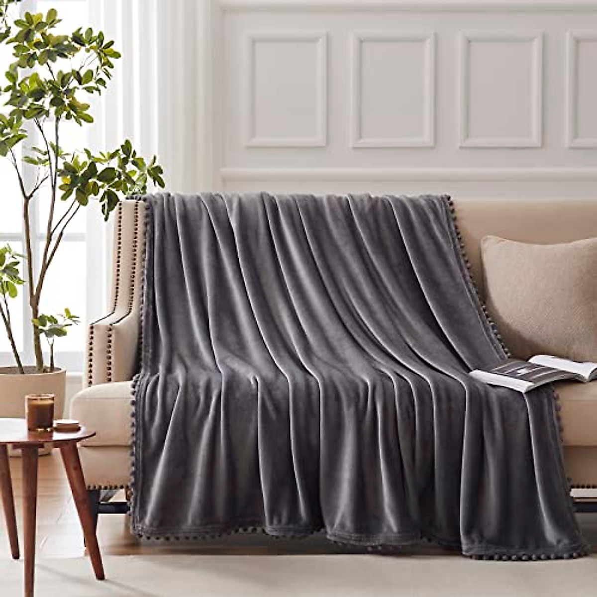 HARBOREST Fleece Bed Blanket with Pompom Fringe Queen Size Dark Grey Blanket,Lightweight Breathable All Season Blanket for Bed, Couch, Travel,90"x90"