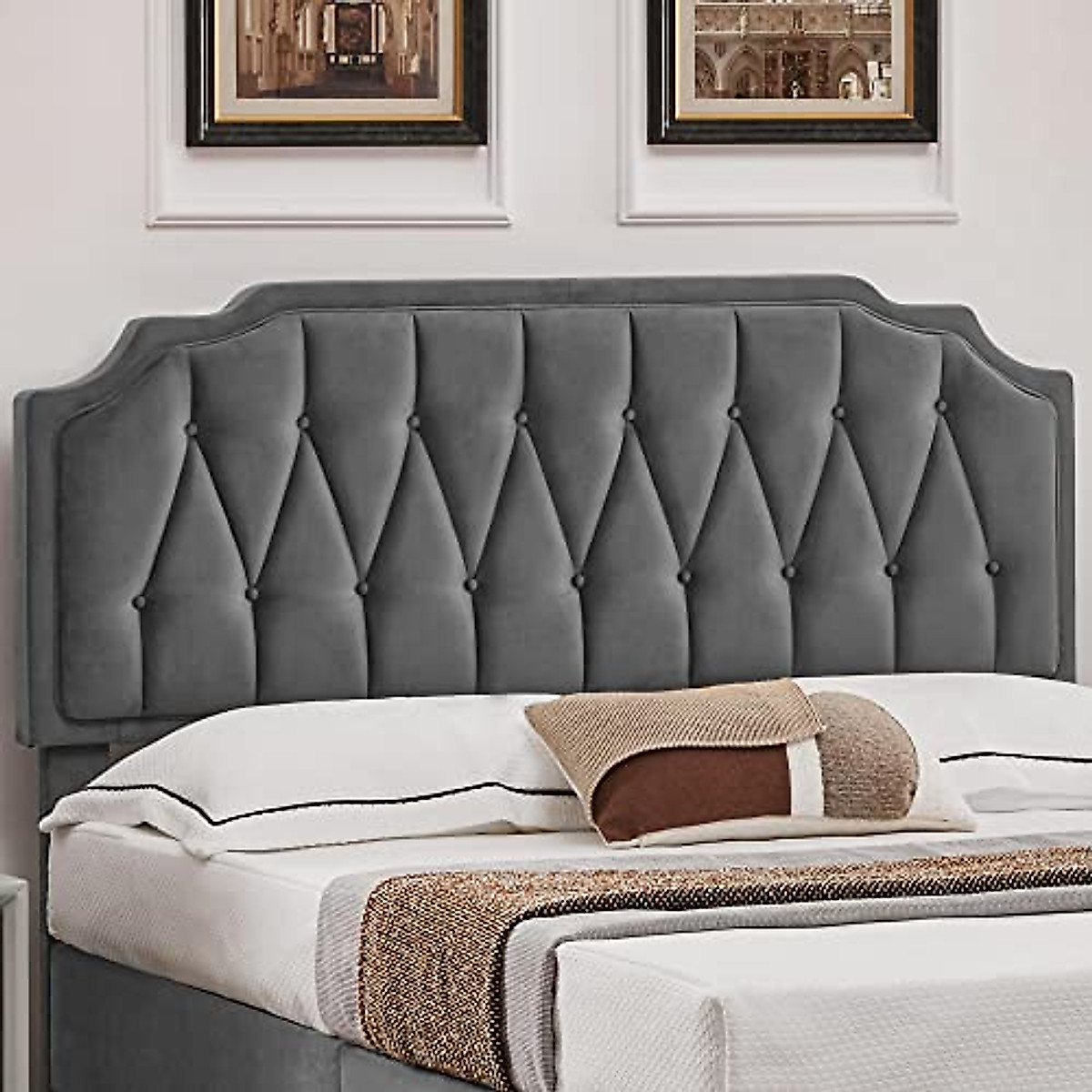 Yaheetech Full Bed Frame Velvet Upholstered Platform Bed with Curved Headboard, Height-Adjustable Headboard/Noise-Free/Wooden Slats Support/No Box Spring Needed/Easy Assembly, Dark Gray Full Bed
