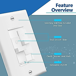 LIDER Combination Dual Dimmer Light Switch Control, 2 Sliding Light Controls, Single Pole, 400W CFL/LED, 600W Incandescent/Halogen, Wall Plate Included, White