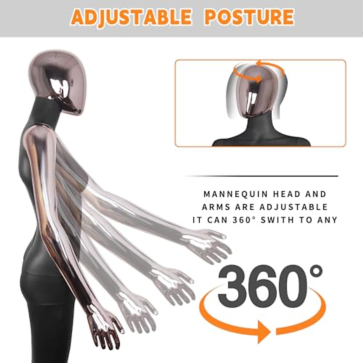 Female Mannequin Black Dress Form Full Body Manikin Body 70 Inches Adjustable Maniquins Dress Model Plastic Detachable Manequins Stand Metal Base Metal Connector, Rose Gold Head and Hands