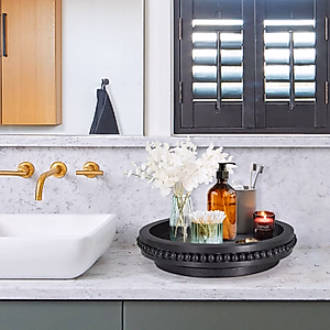 Farmhouse Lazy Susan Organizer with Beads, Wooden Lasy Susan Turntable for Cabinet, 360 Degrees Rotating Display Stand, Decorative Lazy Susan for Table, Wooden Tray Riser with Beads for Spice Rack