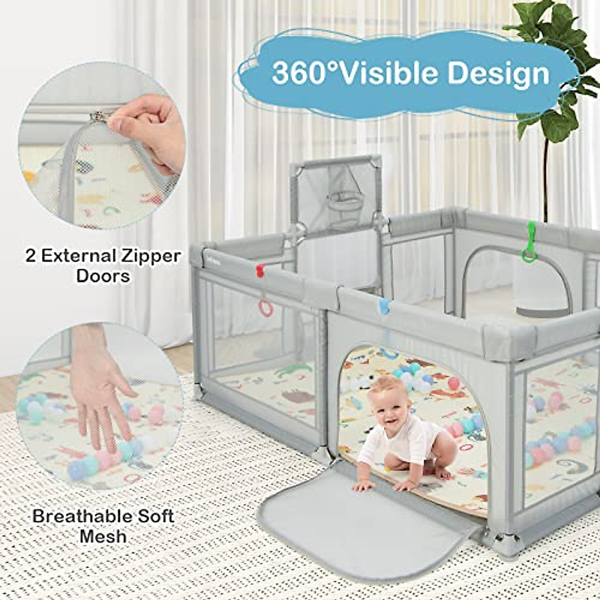 INFANS Baby Playpen, 74” x 62” Extra Large Baby Play Yard with Crawling Mat, 50 Ocean Balls, 4 Pill Up Rings, Basketball Hoop and 2 Football Gates for Toddlers, Indoor Activity Center (Light Gray)