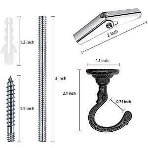Evsteluo Large Swag Ceiling Heavy-Duty Hooks with Complete Hardware Kit - Ideal for Hanging Plants, Ceiling & Drywall Installation (2 Sets Black)