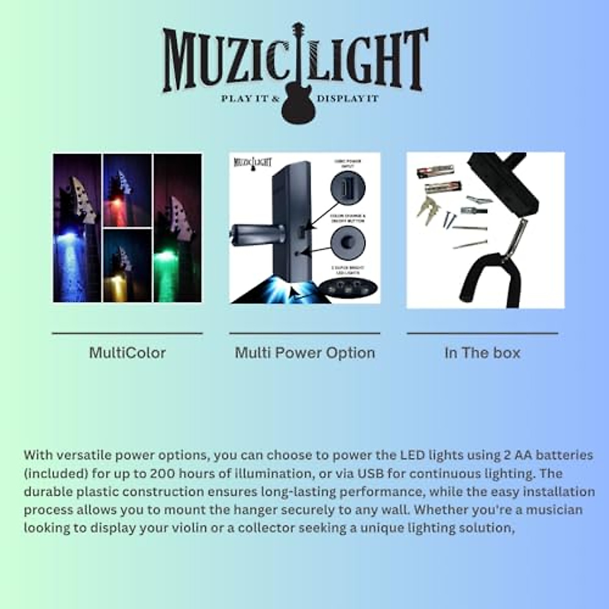 MuzicLight Light Up Guitar Wall Mount, LED Guitar Wall Hanger, Guitar Wall Bracket with Light, Lit Holder for Electric Guitars, Guitar Mount with Color Changing LEDs 5 Colors