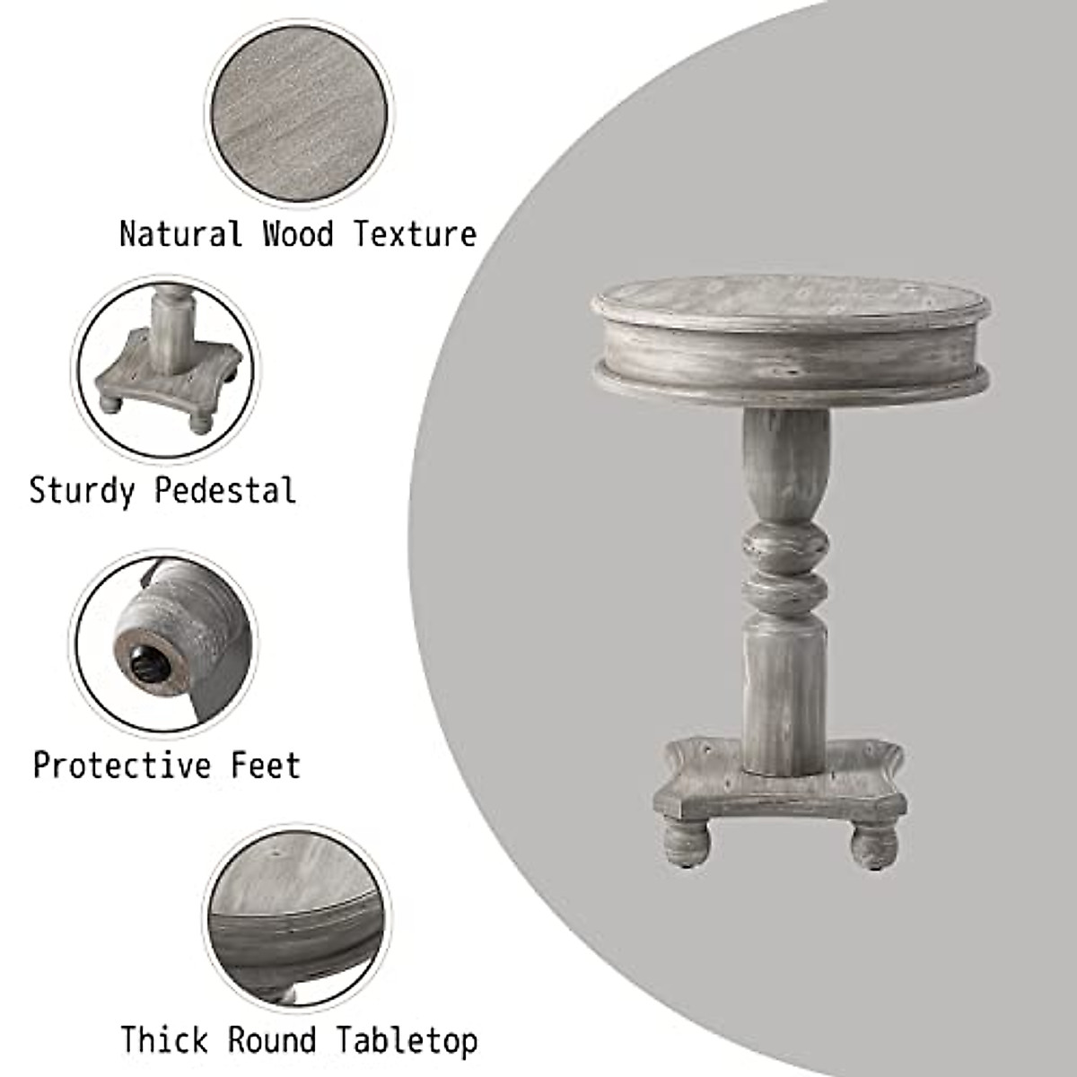 Koncemel Round Side Table, Rustic Gray Sofa End Table, MDF Accent Pedestal Table, Small Coffee Table for Livingroom, Bedroom, Balcony