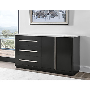 Steve Silver Furniture Camila Server, Birch Veneer, Soft Close Doors, Asymmetrical Design, Finish, Black Sideboard, 66 x 18 x 36, Ebony, White marble top