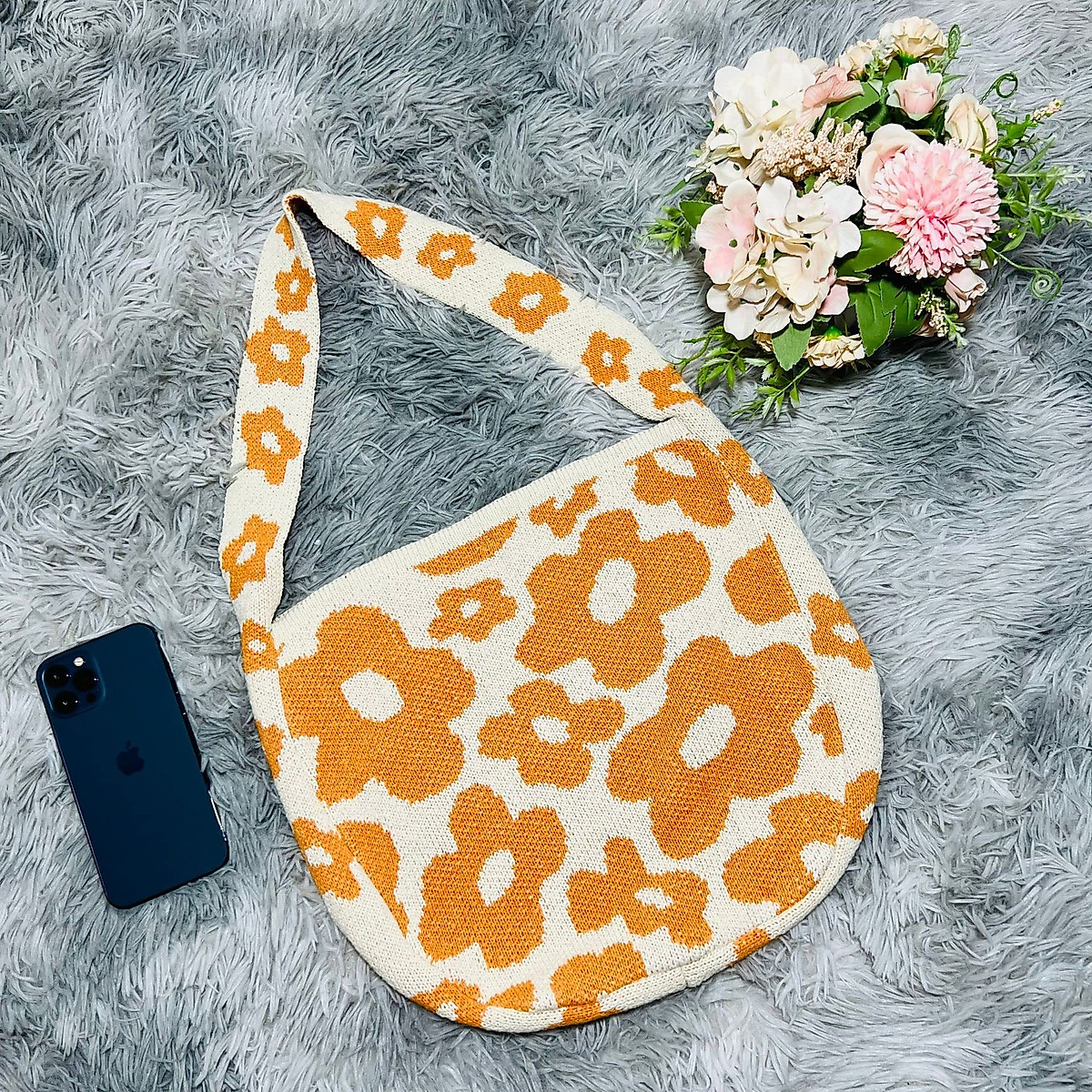 Fairycore Flower Knitted Tote Bag Aesthetic Hobo Bag Fairy Grunge Casual Beach Handbags Women Y2K Accessories (Orange)
