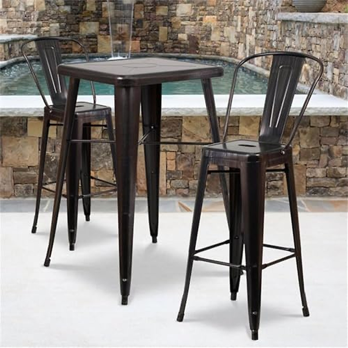 Flash Furniture Commercial Grade 23.75" Square Black-Antique Gold Metal Indoor-Outdoor Bar Table Set with 2 Stools with Backs