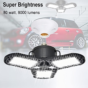 HengBo LED Garage Light, 80W Deformable Aluminum Bright Garage Ceiling LED Light with 3 Adjustable Panels, 8000LM 6500K Daylight E26 Base Trefoil Lamp with Light Socket for Garage, Warehouse, Workshop