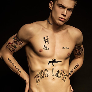 FashionTats Thug Life | Celebrity Rapper Temporary Tattoos | UPDATED for 2023 | Skin Safe | MADE IN THE USA | Removable