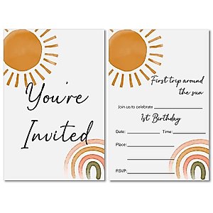 Boho First Trip Around the Sun 1st Birthday Party Invitations with Envelopes Set of 20 Bohemian Sunshine Sun First Birthday Invites Fill in Blank