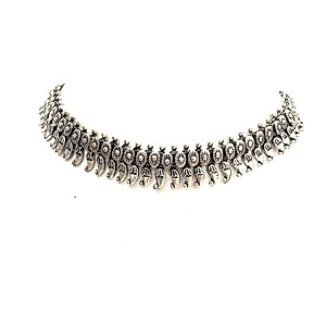 athizay Necklace oxidised silver choker for women fashion traditional Indian jewelry tribal inspired antique silver Choker Metal jewellery (Tooth Bead with Drawstring)