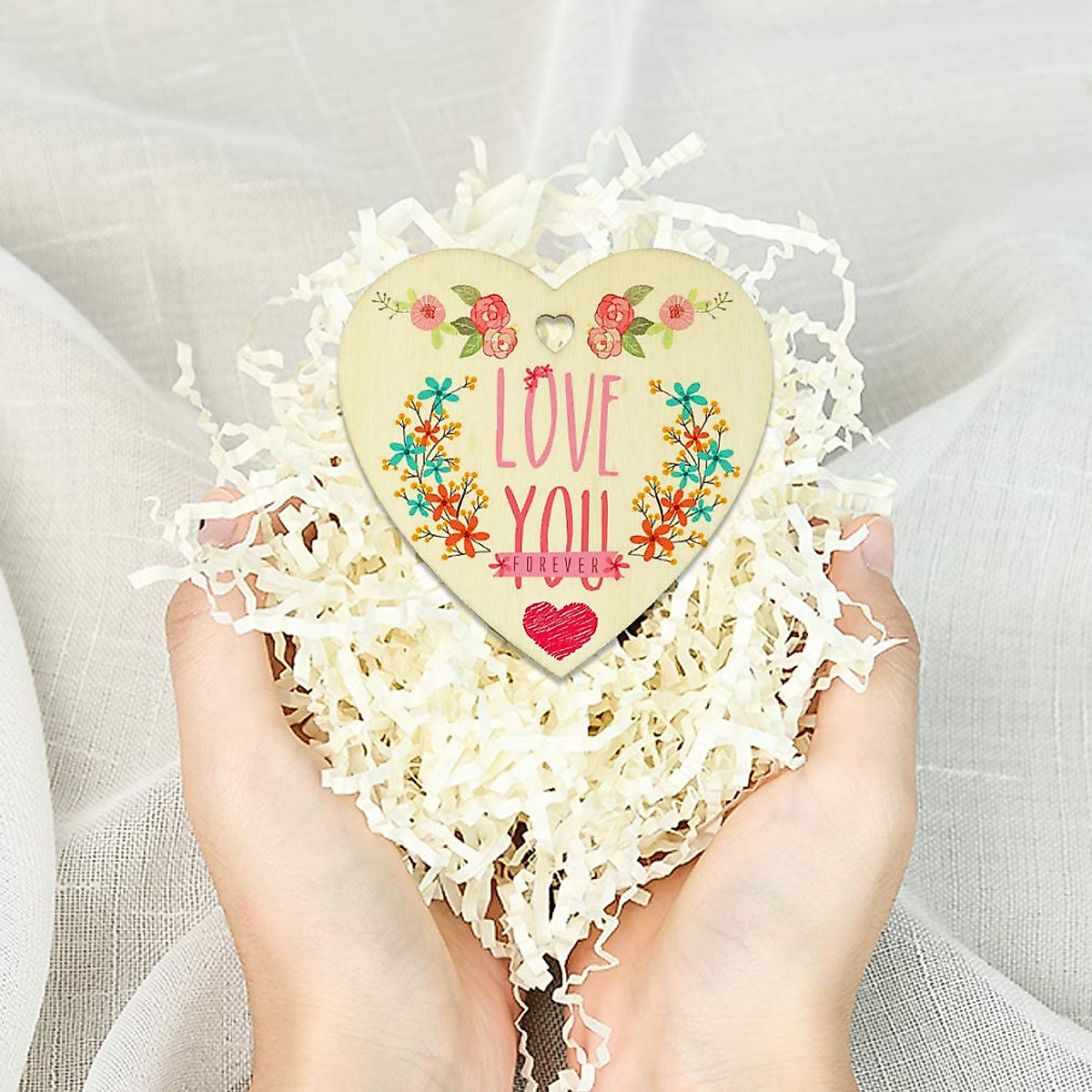 obmwang 50 Pieces 3" Natural Heart Wood Slices, DIY Wooden Ornaments Unfinished Predrilled Wooden Heart Embellishments with Natural Twine for Valentine's Day, Wedding, Thanksgiving, Christmas