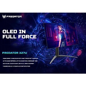 Acer Predator X27U | 27" WQHD 2560 x 1440 OLED Gaming Monitor | AMD FreeSync Premium | Up to 240Hz | Up to 0.01ms | 1000nits@HDR 3% | DCI-P3 99% | Delta E<1 | USB Type-C, DP 1.4 & 2 x HDMI 2.0