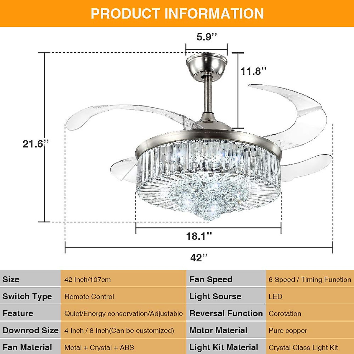 Crystal Chandelier Ceiling Fan with LED Light and Remote Control, 42" Modern Retractable Blade Ceiling Fans Light, 3 Lights Color and 6 Speeds, Perfect for Living Room, Bedroom (Crystal Silver)