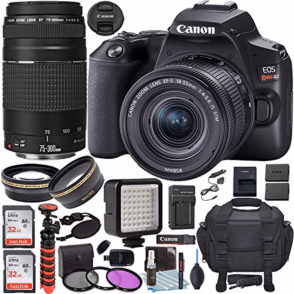 EOS Rebel SL3 DSLR Camera with EF-S 18-55mm f/4-5.6 is STM and EF 75-300mm f/4-5.6 III Lens + Accessory Bundle Kit (Flash, Travel Charger, Extra Battery, and More)