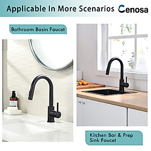 Cenosa Modern Bar Sink Faucet for Kitchen Sink Single Handle with Pull Out Sprayer Hot and Cold Prep Sink Faucet Matte Black