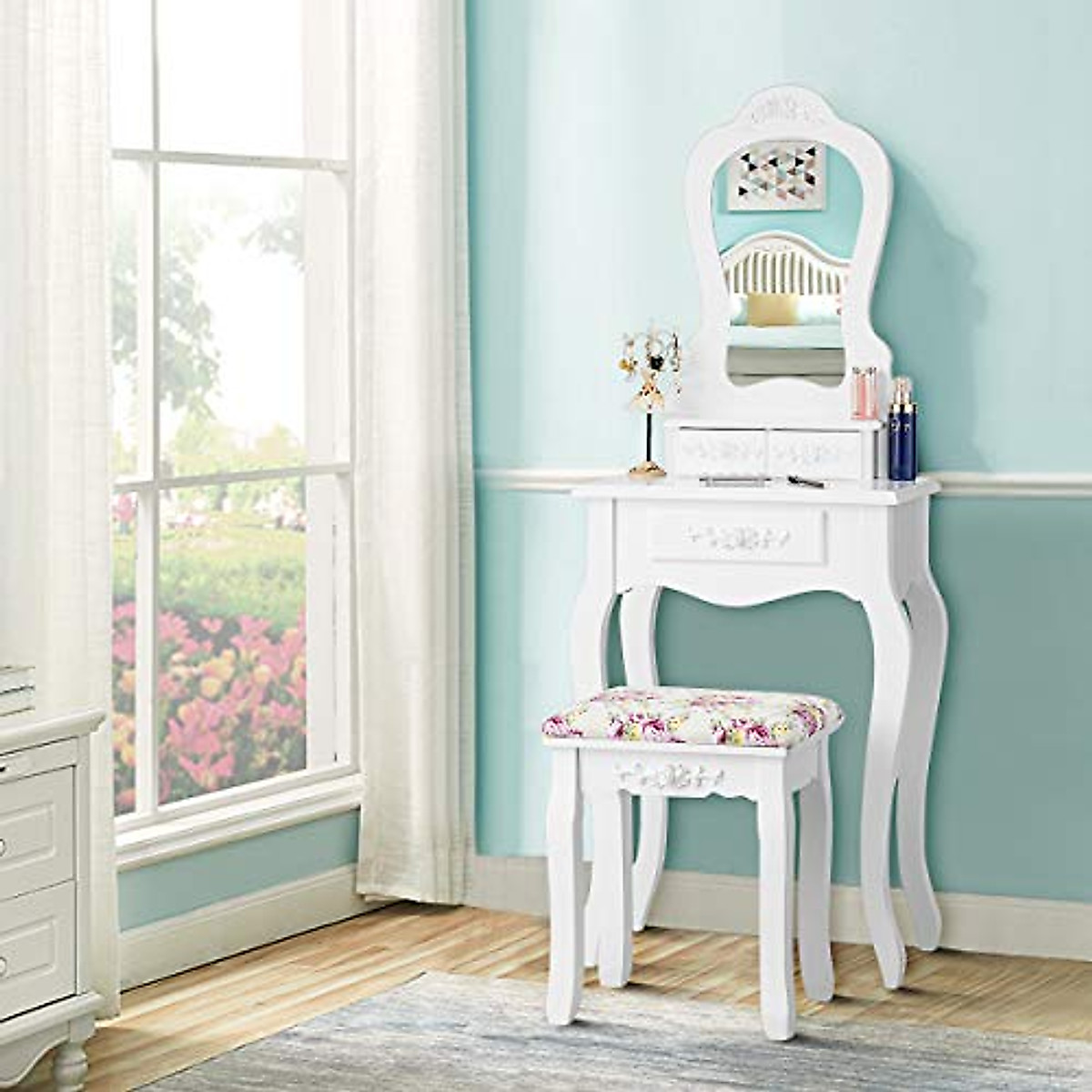 Giantex Vanity Set with 3 Drawers and Cushioned Stool, Makeup Dressing Table for Bathroom Bedroom Small Space, Vanity Table and Bench for Kids Girls Women Gifts (White)