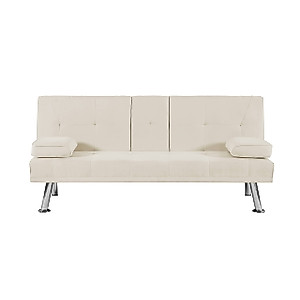 67" Modern Linen Upholstered Futon Sofa Convertible Sleeper Couch Bed Daybed Loveseat,Folding Recliner with 2 Cup Holders,Metal Legs,Removable Soft Pillow-Top Armrest for Living Room Compact Space