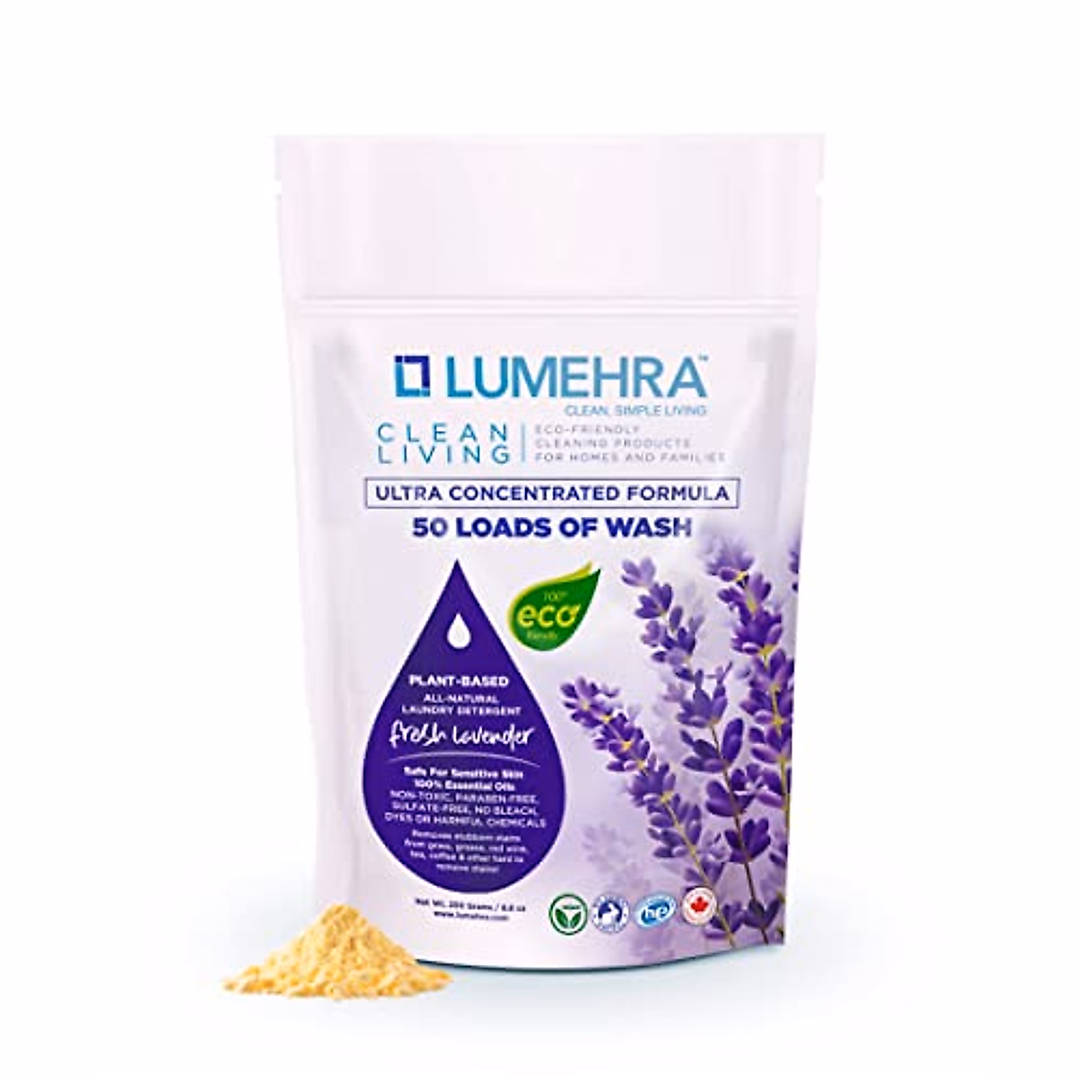 Lumehra Natural Lavender Scent Laundry Detergent Non-Toxic Laundry Detergent Powder Gentle on Sensitive Skin 250g 50 Loads Ultra Concentrated Made in Canada